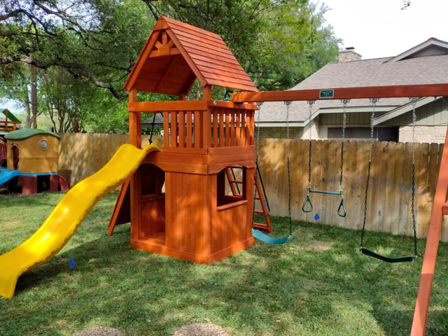 Original Fort with Playhouse & Wood Roof | Wooden Swing Set San Antonio ...