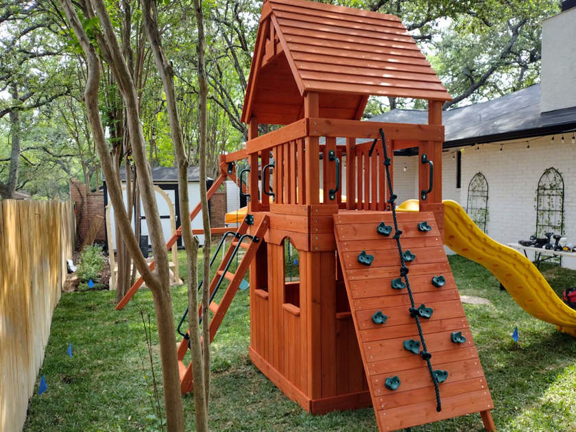 Original Fort with Playhouse & Wood Roof | Wooden Swing Set San Antonio ...