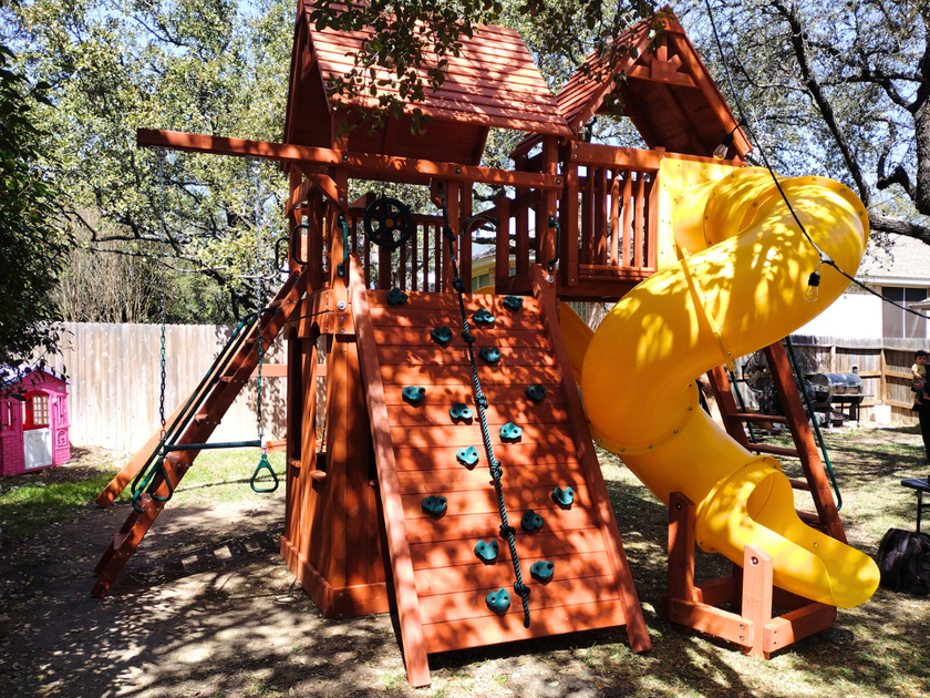 Supreme Fort with Spiral Slide, Playhouse & Wood Roofs | Backyard ...