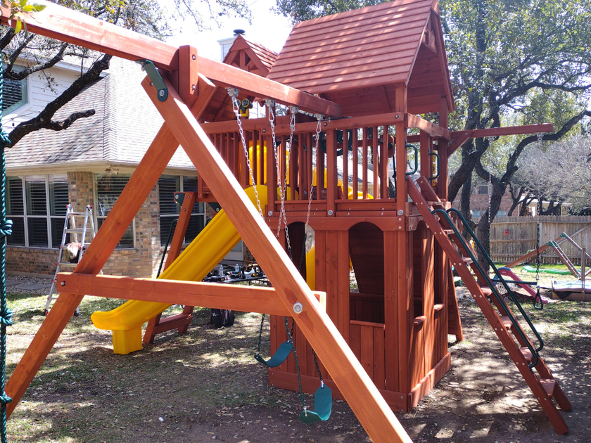 Supreme Fort with Spiral Slide, Playhouse & Wood Roofs | Backyard ...